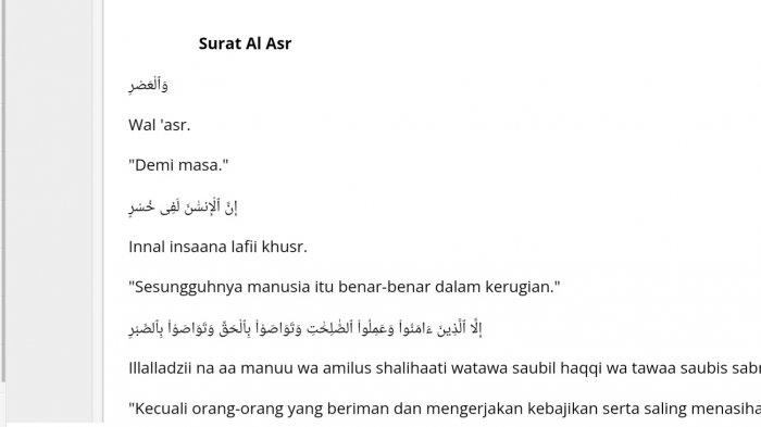 Surat Al Asr (Masa atau Waktu), 3 Ayat Lengkap Arab Latin dan Artinyajen - Tribunjateng.com