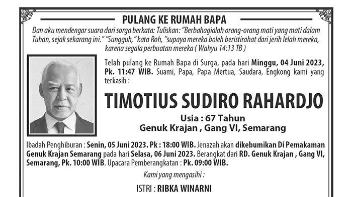 Berita Duka, TIMOTIUS SUDIRO RAHARDJO Meninggal Dunia di Semarang ...