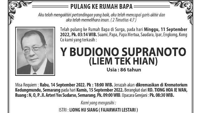 Berita Duka, Y Budiono Supranoto (Liem Tek Hian) Meninggal Dunia di Semarang - Tribunjateng.com