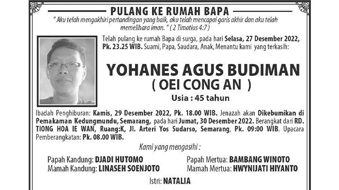 Berita Duka, YOHANES AGUS BUDIMAN OEI CONG AN Meninggal Dunnia di ...