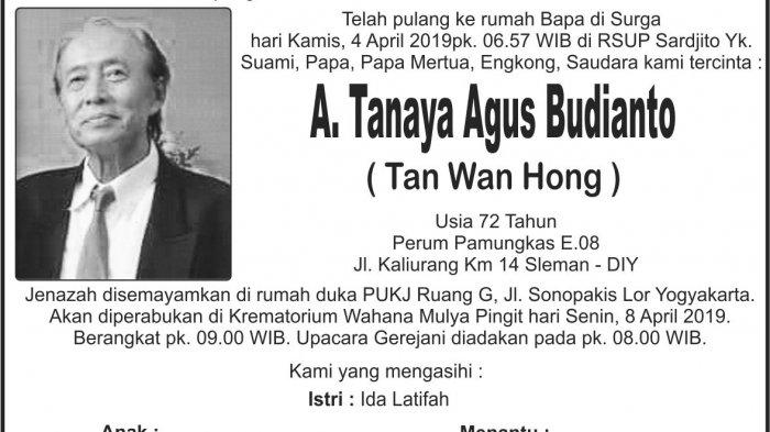 Berita Duka, A Tanaya Agus Budianto Meninggal Dunia di Yogyakarta - Tribunjateng.com