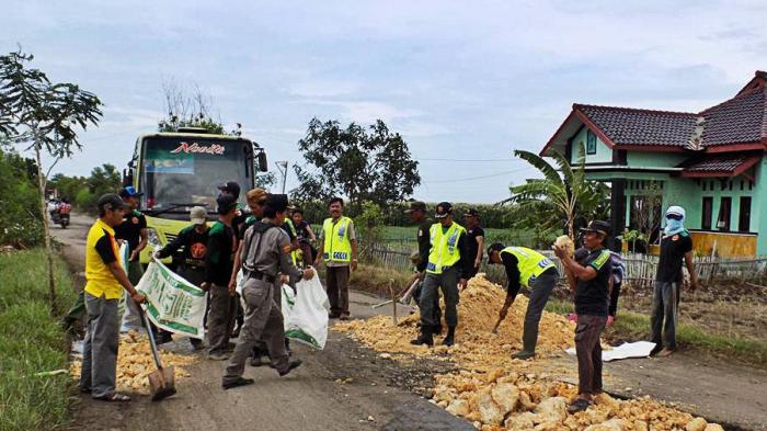 Banser Ansor Brebes Gotongroyong Tambal Jalan Berlubang - Tribunjateng.com