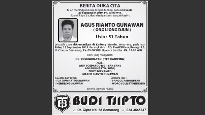 Berita Duka, Agus Rianto Gunawan (Ong Liong Djun) Meninggal Dunia di ...
