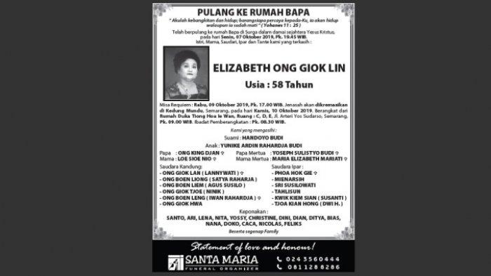 Berita Duka, Elizabeth Ong Giok Lin Meninggal Dunia di Semarang ...
