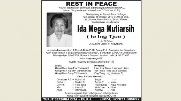 Berita Duka, Ida Mega Mutiarsih (Ie Ing Tjoe) Meninggal Dunia di ...