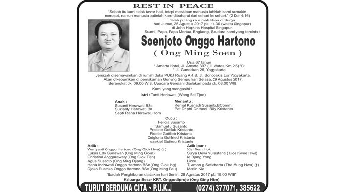 BERITA Duka Cita Soenjoto Onggo Hartono ( Ong Ming Soen ...