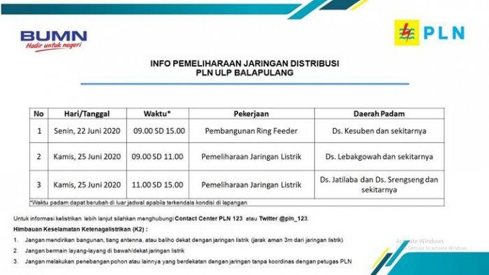 Info Pemeliharaan Jaringan PLN ULP Balapulang, Kamis 25 Juni 2020 ...