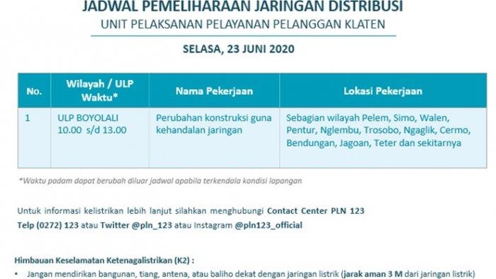 Info Pemeliharaan Jaringan Listrik PLN ULP Boyolali, Selasa 23 Juni ...