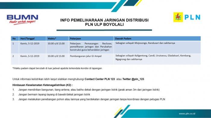 Info Pemeliharaan Jaringan Listrik PLN ULP Boyolali Besok, Kamis 5 ...
