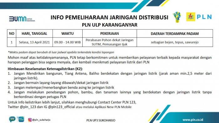 Info Pemeliharaan Jaringan Listrik PLN ULP Karanganyar Selasa 13 April ...