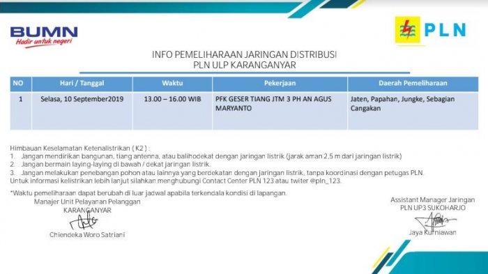 Info Pemeliharaan Jaringan Listrik PLN ULP Karanganyar Besok, Selasa 10 ...