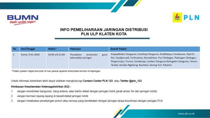 Info Pemeliharaan Jaringan Listrik PLN ULP Klaten Kota, Kamis 9 Januari ...