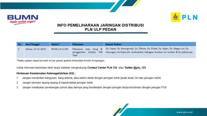 Info Pemeliharaan Jaringan Listrik PLN ULP Pedan Klaten Besok, Selasa ...