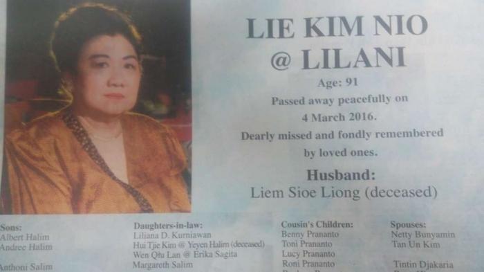 Istri Liem Sioe Liong Meninggal Dunia, Akan Dimakamkan pada Kamis di ...