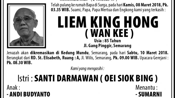 Berita Duka, Liem King Hong Meninggal Dunia - Tribunjateng.com