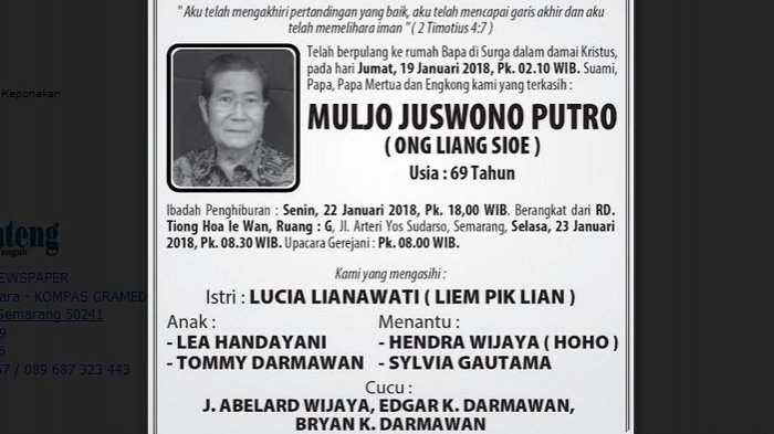 Berita Duka Cita Muljo Juwono Putro (Ong Liang Sioe) - Tribunjateng.com