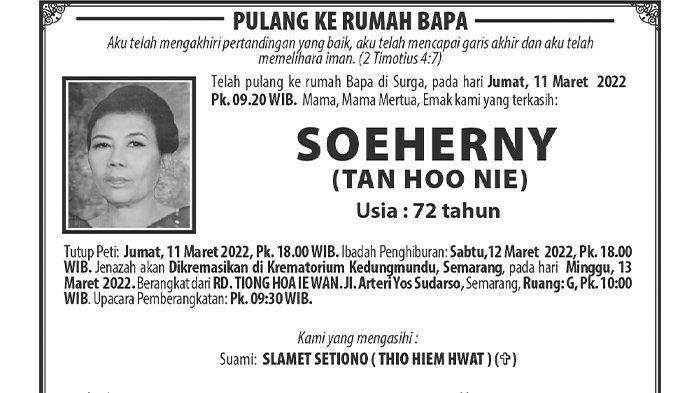 Berita Duka, Soeherny (Tan Hoo Nie) Meninggal di Semarang - Tribunjateng.com