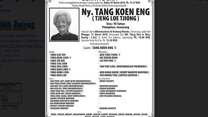 Berita Duka Cita Ny Tan Koen Eng (Tjeng Loe Tjiong) - Tribunjateng.com