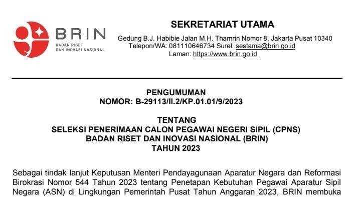 Link PDF Formasi CPNS BRIN 2023, Masih Sepi Peminat, Jumlah Pelamar Baru 112 Orang dari 500 ...