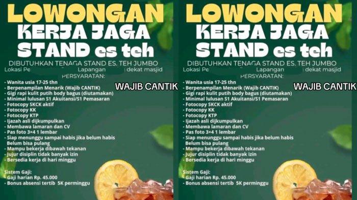 Lowongan Kerja Jaga Stand Es Teh Jadi Sorotan, Syarat Cantik & Body Bagus, Gaji Rp45 Ribu per ...