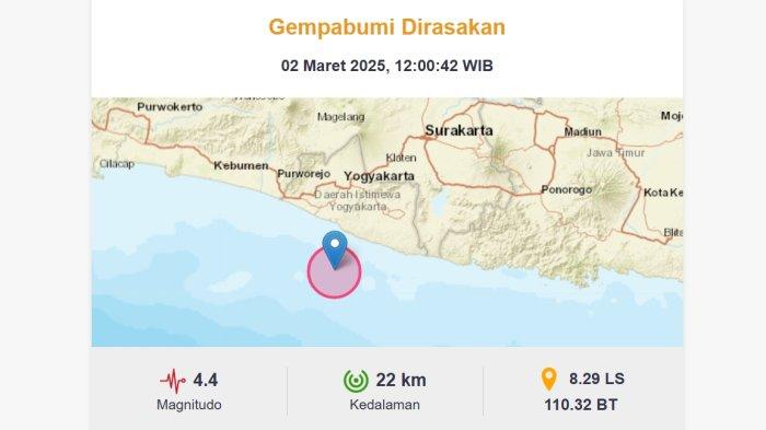 INFO Gempa Jogja Hari Ini Minggu 2 Maret 2025 Jam 12:00 WIB, Skala 4,4 M Pusat di Bantul ...
