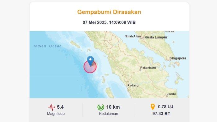 INFO GEMPA Nias Barat Sumatera Utara 7 Mei 2025 Pukul 14:09:08 WIB Kekuatan 5,4M Kedalaman 10 KM ...