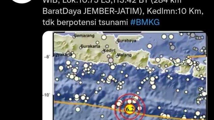 Info Gempa BMKG : Kabupaten Jember Diguncang Gempa Bermagnitudo 6,2 - Tribunjogja.com