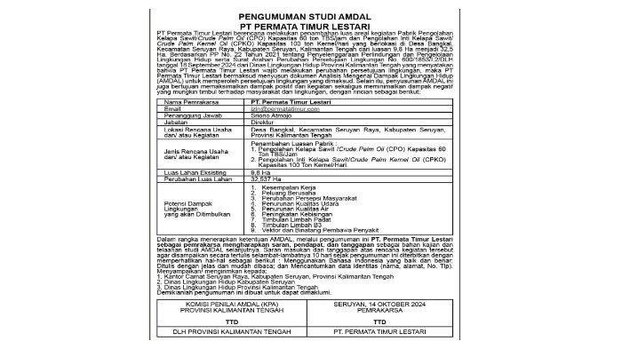 Pengumuman Studi AMDAL PT Permata Timur Lestari - Tribunkalteng.com