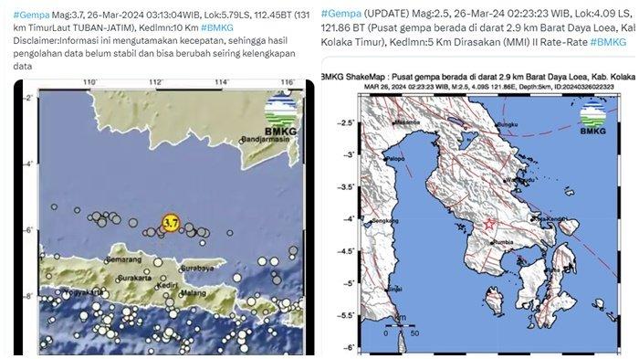 Gempa Barusan 2 Menit Lalu, Gempa Beruntun di Loea Kolaka Timur, Tuban , dan Alor, Info BMKG ...