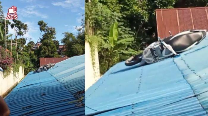 Pengguna Sepeda Motor di Balikpapan Nyangkut di Atap Warga Hingga Jebol ...