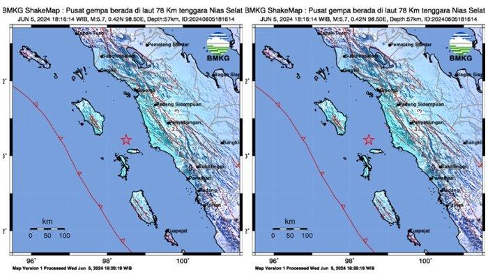Baru Saja Gempa Magnitudo 5.7, Pusat Gempa di Nias Selatan Sumut Terkini, Cek Informasi BMKG ...