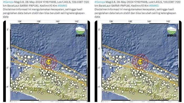Baru Saja! Info BMKG Gempa 3.8 Magnitudo di Sarmi, Papua, Pusat Gempa di Kedalaman 10 Kilometer ...