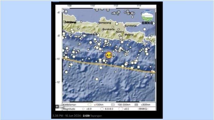 Baru Saja, Gempa Magnitudo 4.0, Pusat Gempa Terkini Pacitan, Jawa Timur, Info BMKG - Tribunkaltim.co