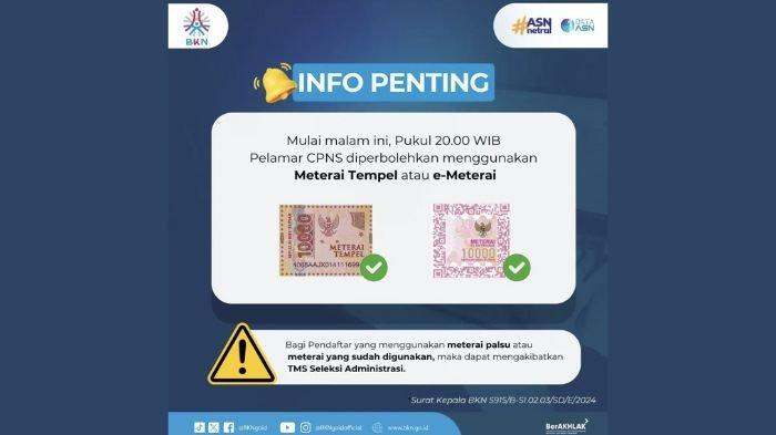 Resmi! Meterai Tempel dan e-Meterai Bisa Digunakan Pelamar CPNS 2024 ...