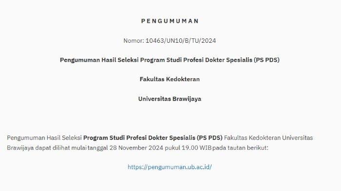 Resmi! Ini Link Pengumuman Hasil Seleksi PPDS FK UB dan Ketentuan Daftar Ulang - Tribunkaltim.co