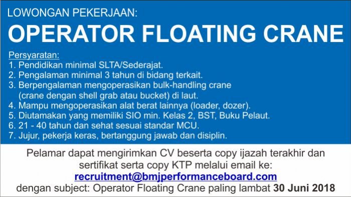 Sebuah Perusahaan di Balikpapan Membutuhkan Operator Floating Crane ...