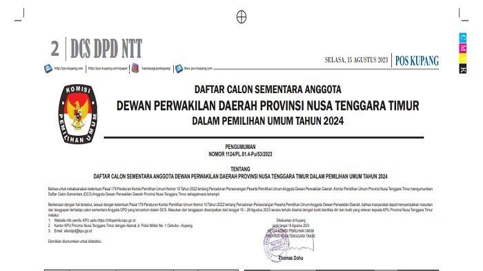 Pengumuman DCS Anggota DPD Provinsi Nusa Tenggara Timur Pemilu 2024 - Pos-kupang.com