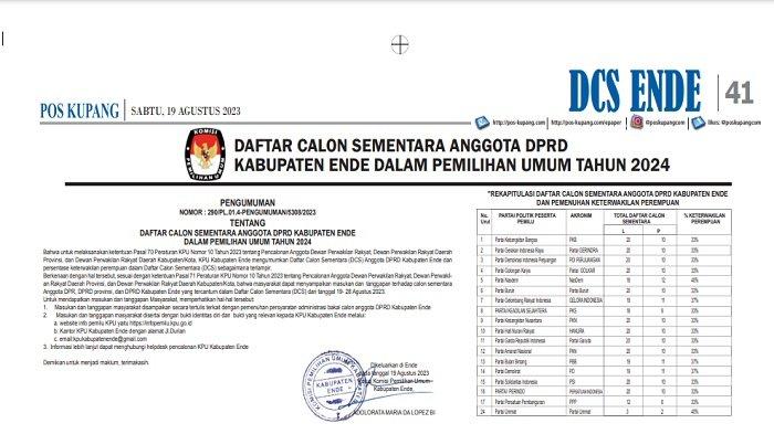 Pengumuman DCS Bacaleg DPRD Kabupaten Ende Pemilu 2024 - Pos-kupang.com