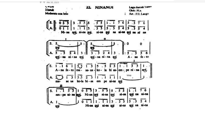 Teks dan Not dan Makna Lagu Lagu Ina Noi , Salah Satu Budaya Kekayaan NTT - Pos-kupang.com