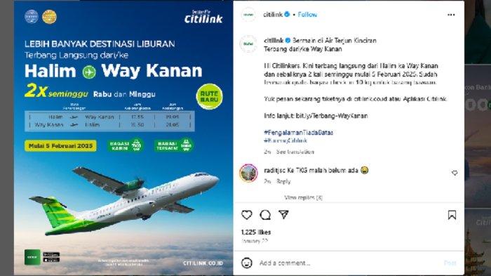 Maskapai Citilink Resmi Layani Penerbangan Jakarta-Way Kanan Lampung, Beroperasi 2 Kali Seminggu ...