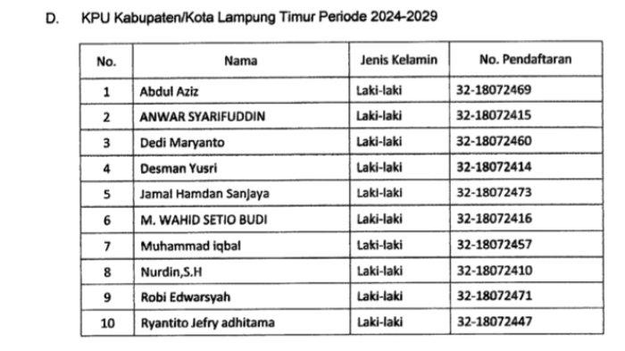 10 Besar Calon Anggota KPU Lampung Timur Periode 2024-2029 - Tribunlampung.co.id