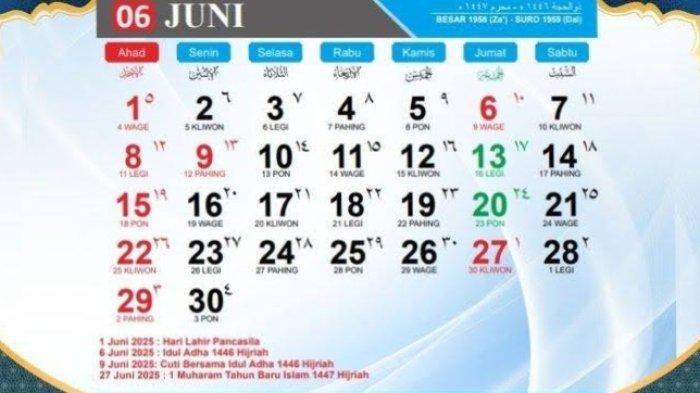 Kalender Juni 2025 Lengkap dengan Tanggal Merah dan Cuti Bersama, 50 Link Download PDF di Sini ...