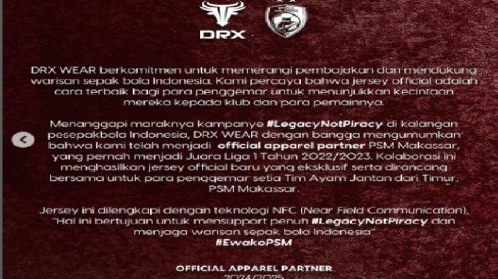 Resmi! PSM Makassar Resmi Gandeng DRX Wear Official Apparel Musim 2024/2025 - Tribun-timur.com