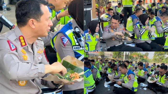 Potret Dirlantas Polda Sulsel Lesehan di Aspal Sarapan Bareng Anggota yang Bertugas di KTT WWF ...