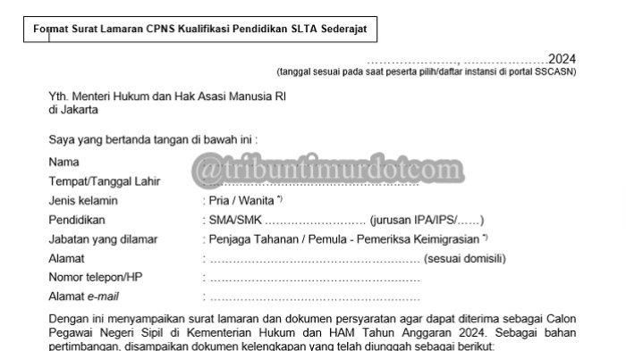 Format Surat Lamaran CPNS Kemenkumham 2024 Lulusan SMA Sederajat, Lengkap Link Download - Tribun ...