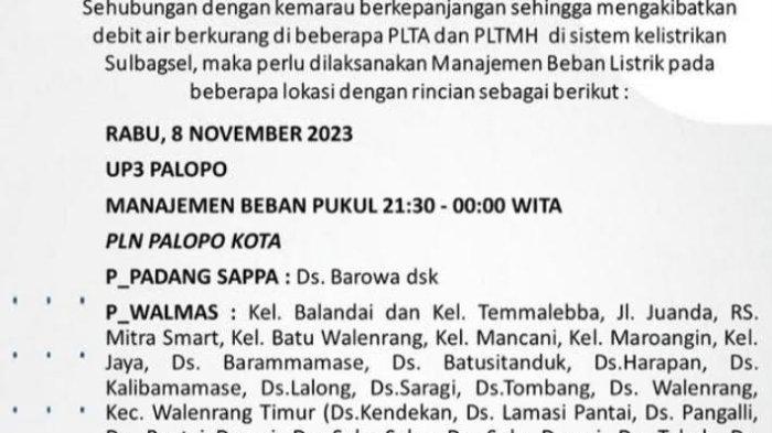 Jadwal 'Mati Lampu' Palopo dan Luwu Hari Ini 8 November, Listrik Padam hingga Pukul 24.00 Wita ...