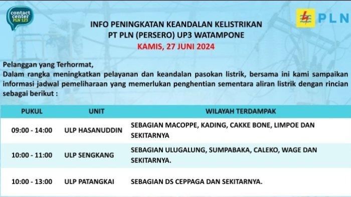 Jadwal Mati Lampu di Wajo Sulsel Hari Ini 27 Juni, Padam Mulai Pukul 09 ...