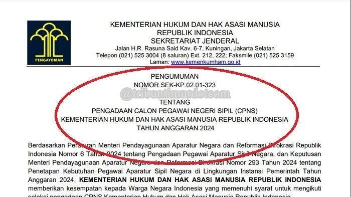 Rincian Formasi CPNS Kemenkumham 2024 Lulusan SMA Sederajat, Lengkap Link Download PDF - Tribun ...