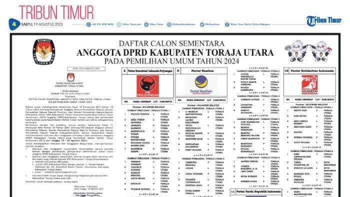 Daftar Caleg Sementara atau DCS DPRD Toraja Utara di Pemilu 2024 - Tribun-timur.com