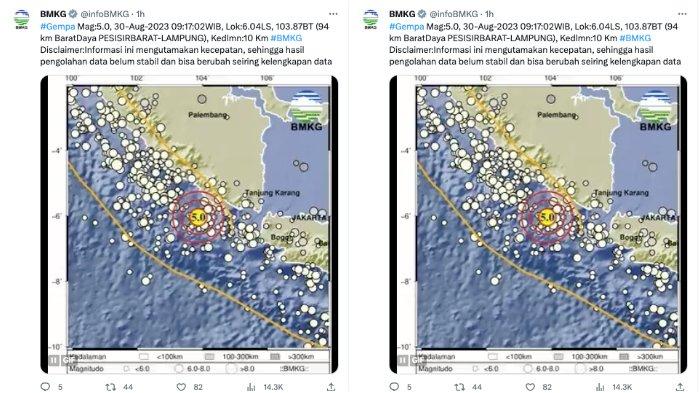 Gempa Bumi 5,0 SR di Pesisir Barat Hari Ini, Pusat Gempa di Kedalaman 10 Km - Tribun-timur.com